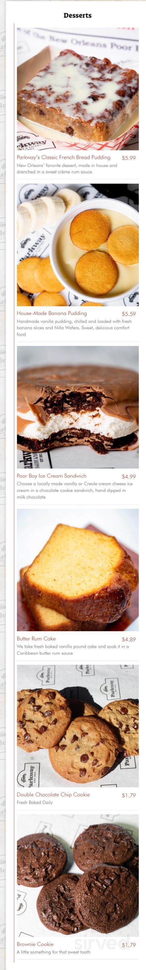 Parkway Bakery & Tavern menu in New Orleans, Louisiana, USA