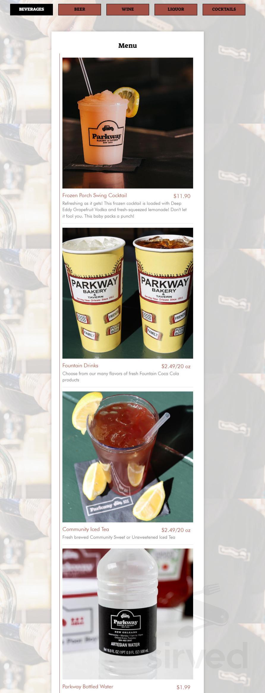 Parkway Bakery & Tavern menu in New Orleans, Louisiana, USA