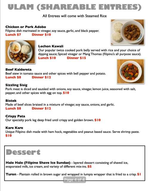 MJ Asian Market and Filipino Food menu in Warner Robins, Georgia, USA