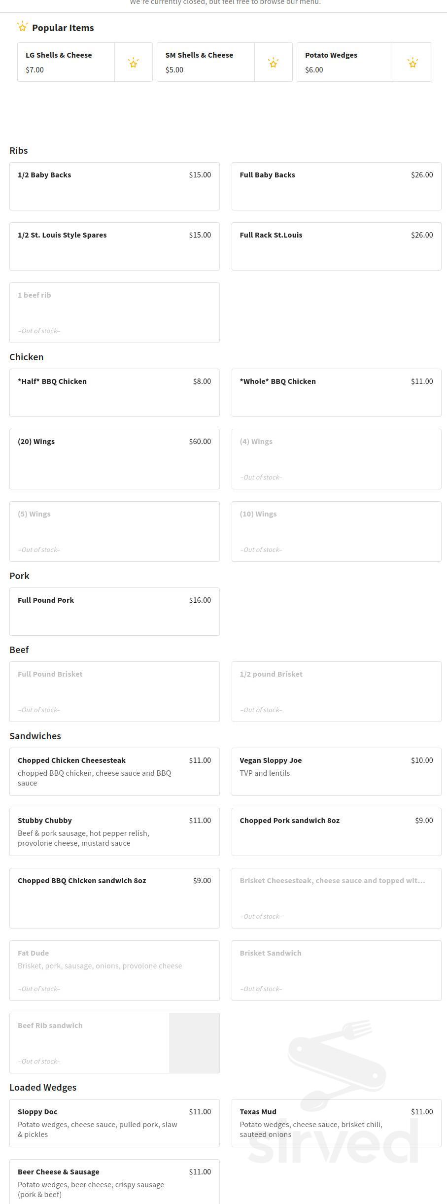 Deke's Garage Roadhouse BBQ menu in Philadelphia, Pennsylvania, USA