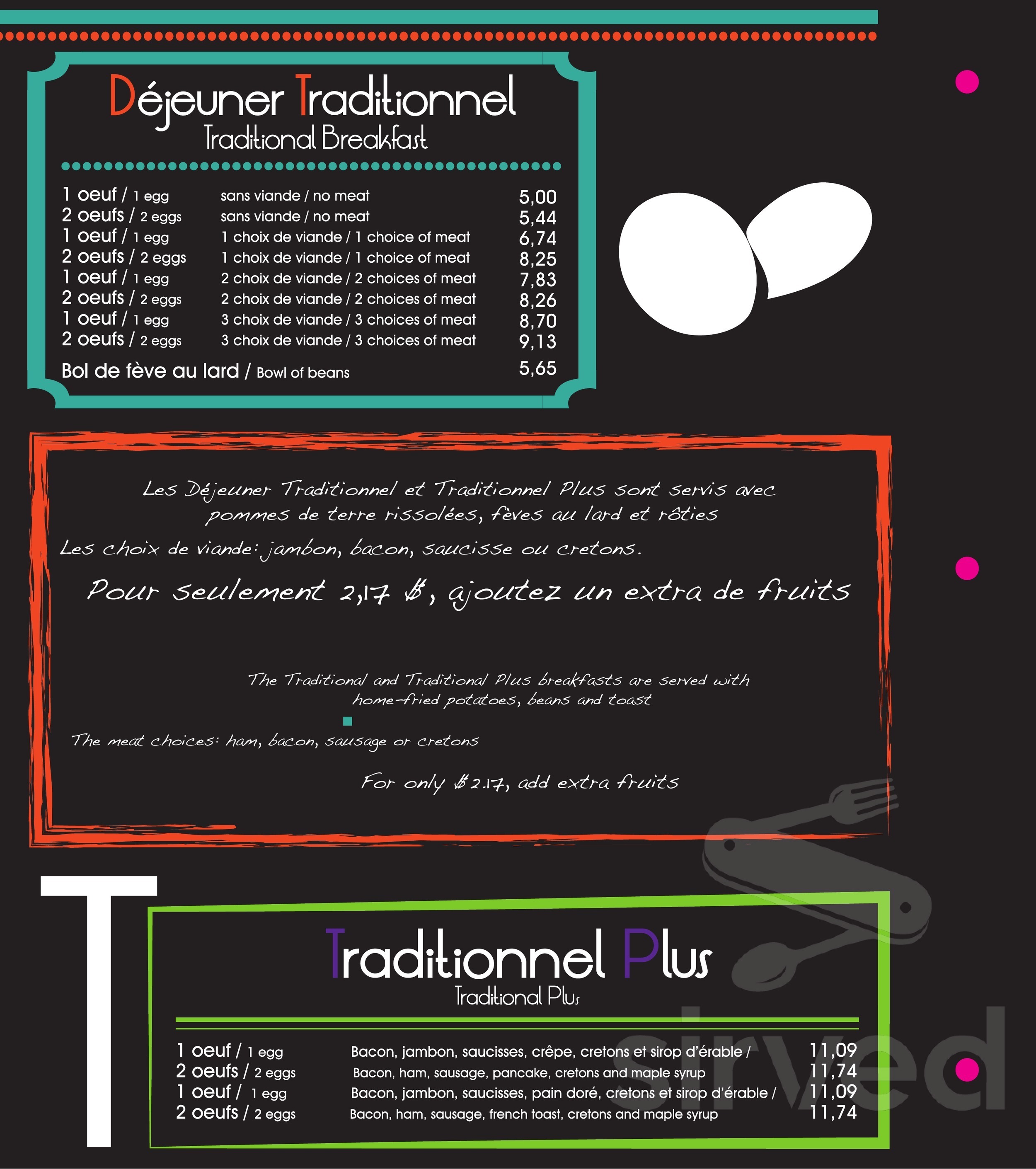 Menu - Montréal QC's Resto-Café Quoi De N'Oeuf | Sirved
