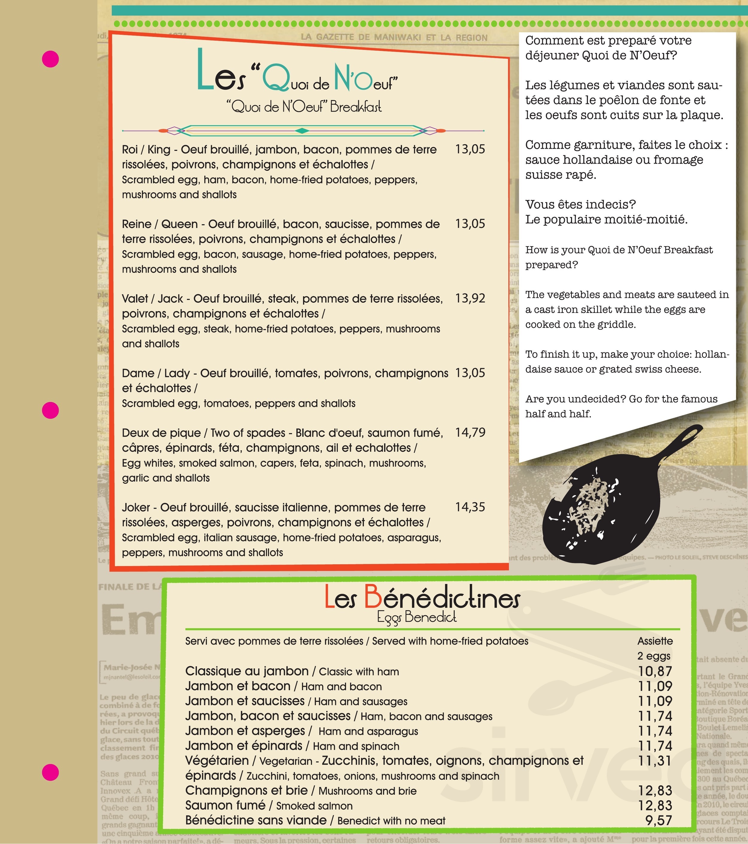 Menu - Montréal QC's Resto-Café Quoi De N'Oeuf | Sirved