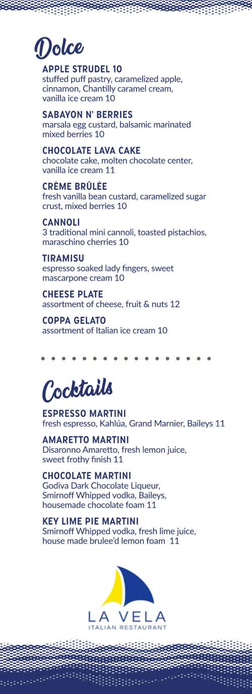 La Vela Italian Restaurant menu in Solomons, Maryland, USA