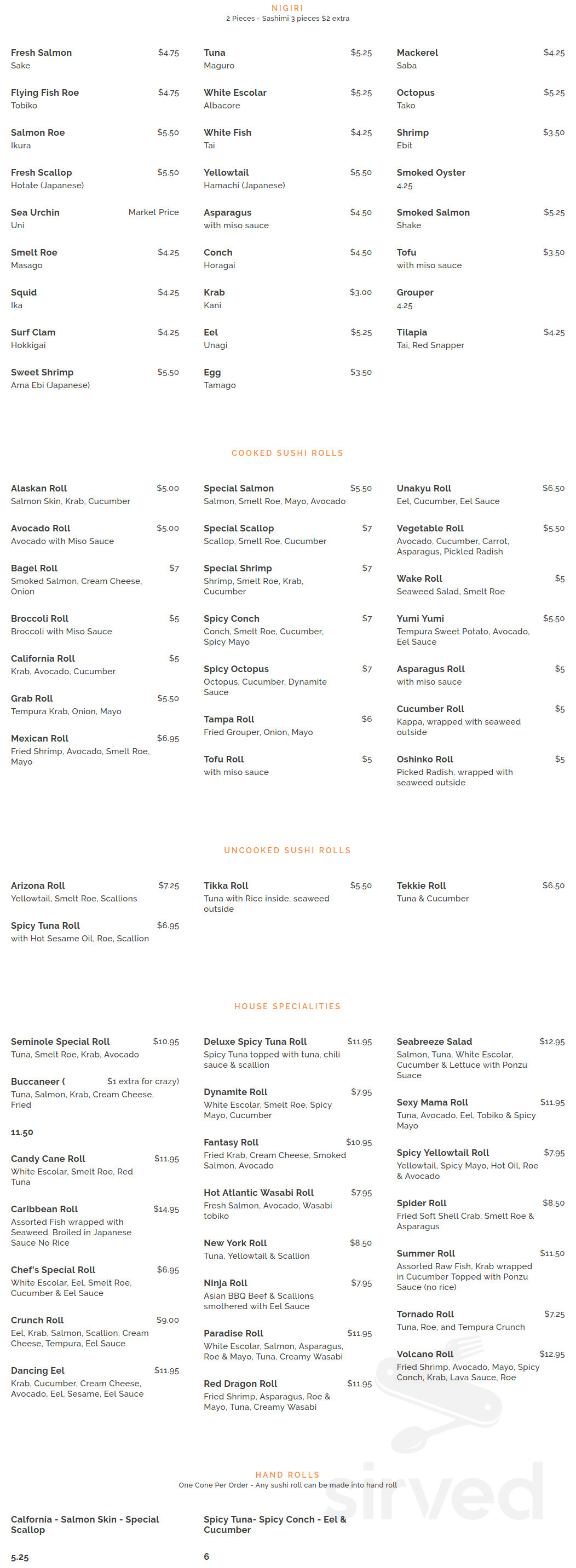 Menu - Seminole FL's Jimmy's Sushi Bar and Japanese Restaurant | Sirved