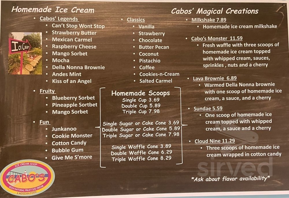 Cabo's Ice Cream Shop menu in Michigan City, Indiana, USA