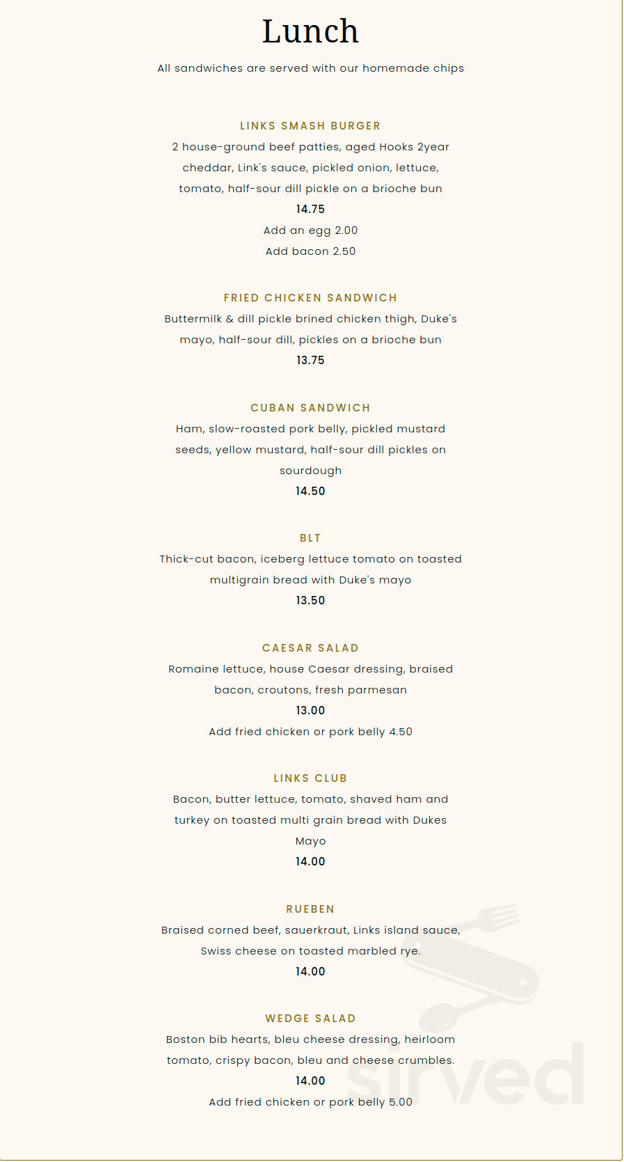 LINKS breakfast & lunch menu in Davenport, Iowa, USA