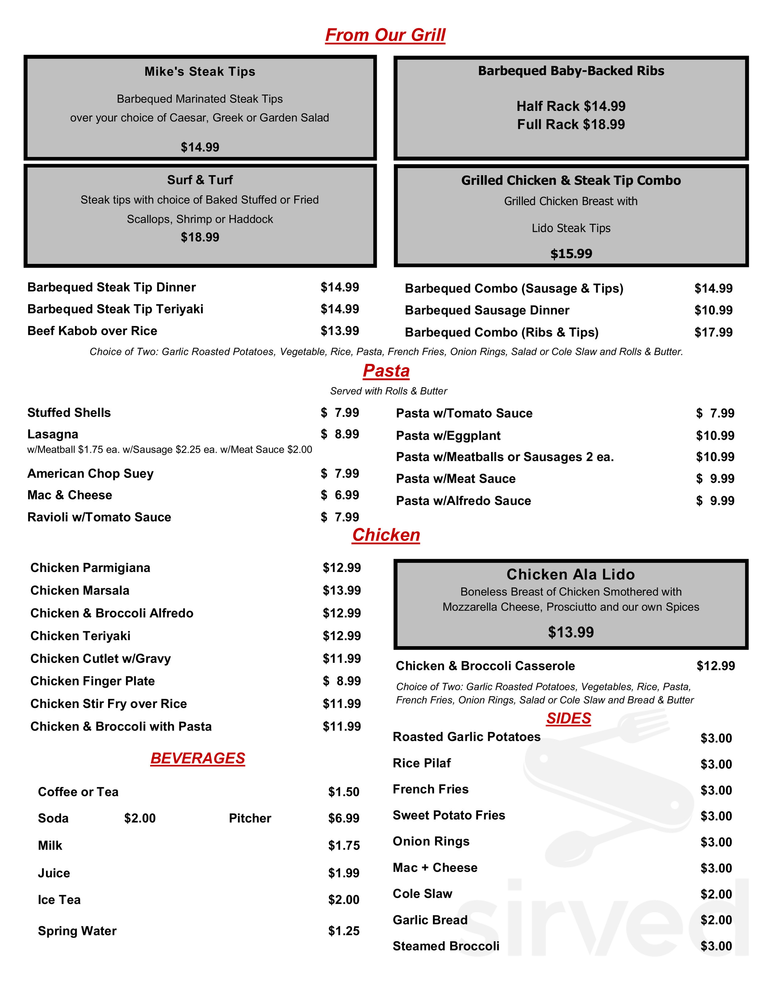 The Lido Cafe menu in Lynn, Massachusetts, USA