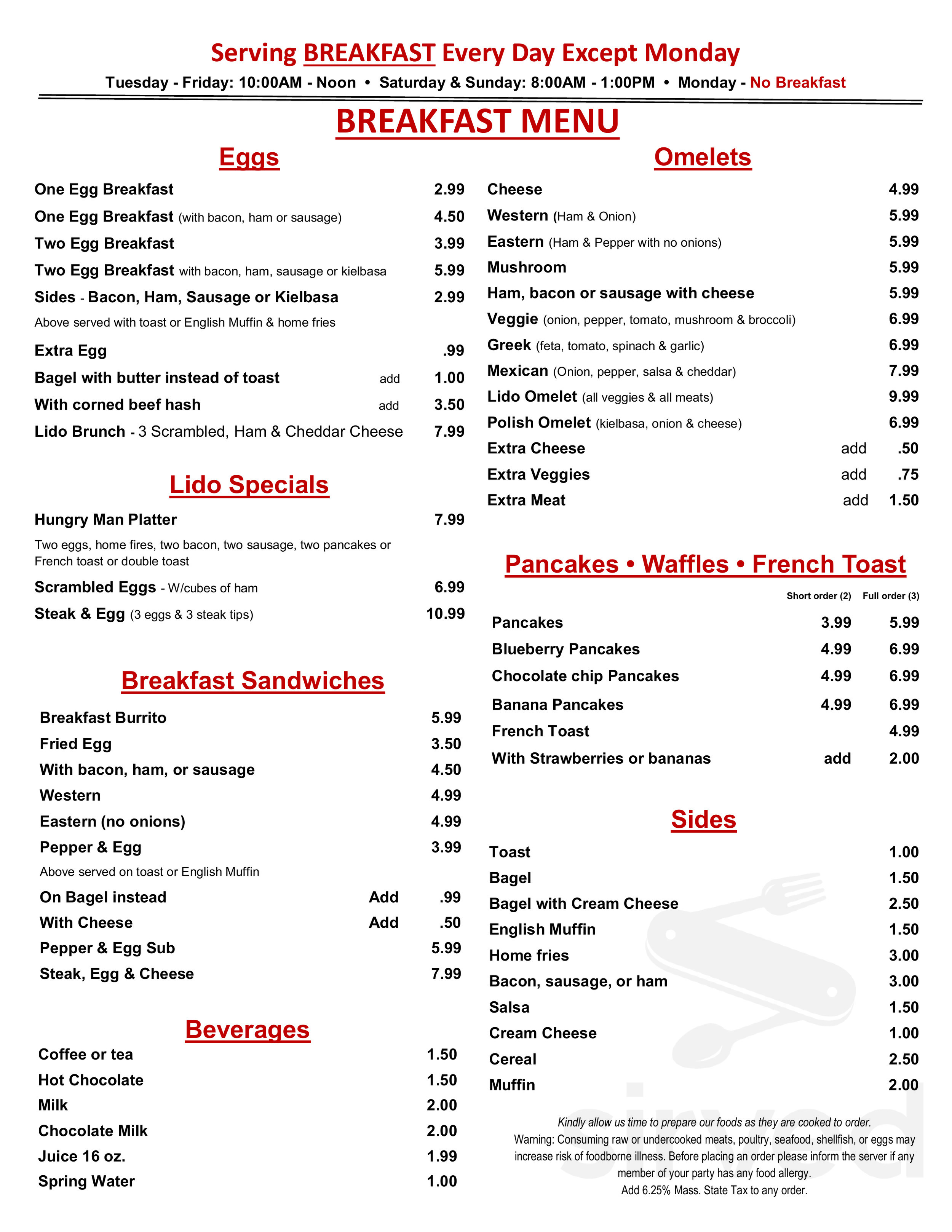 The Lido Cafe menu in Lynn, Massachusetts, USA