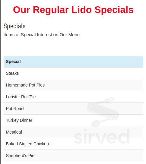 The Lido Cafe menu in Lynn, Massachusetts, USA