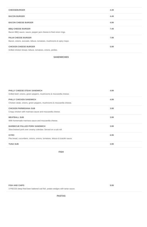 Palm Pizza menu in Las Vegas, Nevada, USA