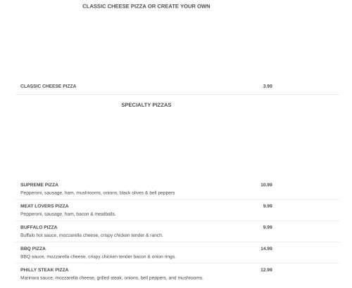 Palm Pizza menu in Las Vegas, Nevada, USA
