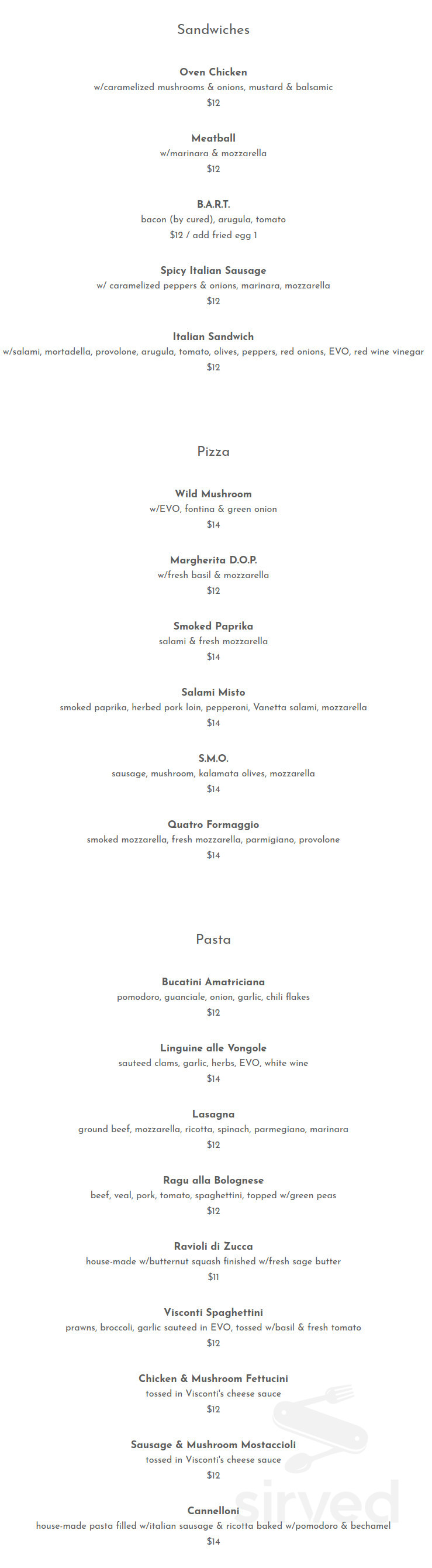 Visconti's Italian Restaurant menu in Leavenworth, Washington, USA