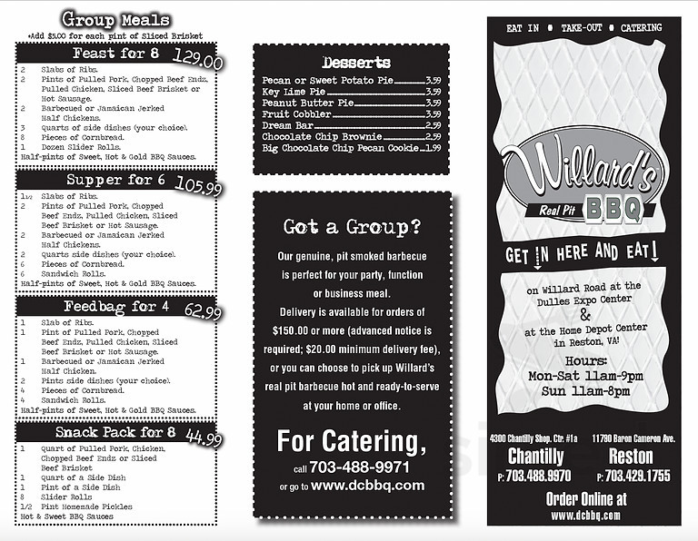 Menu - Reston VA's Willard's BBQ | Sirved