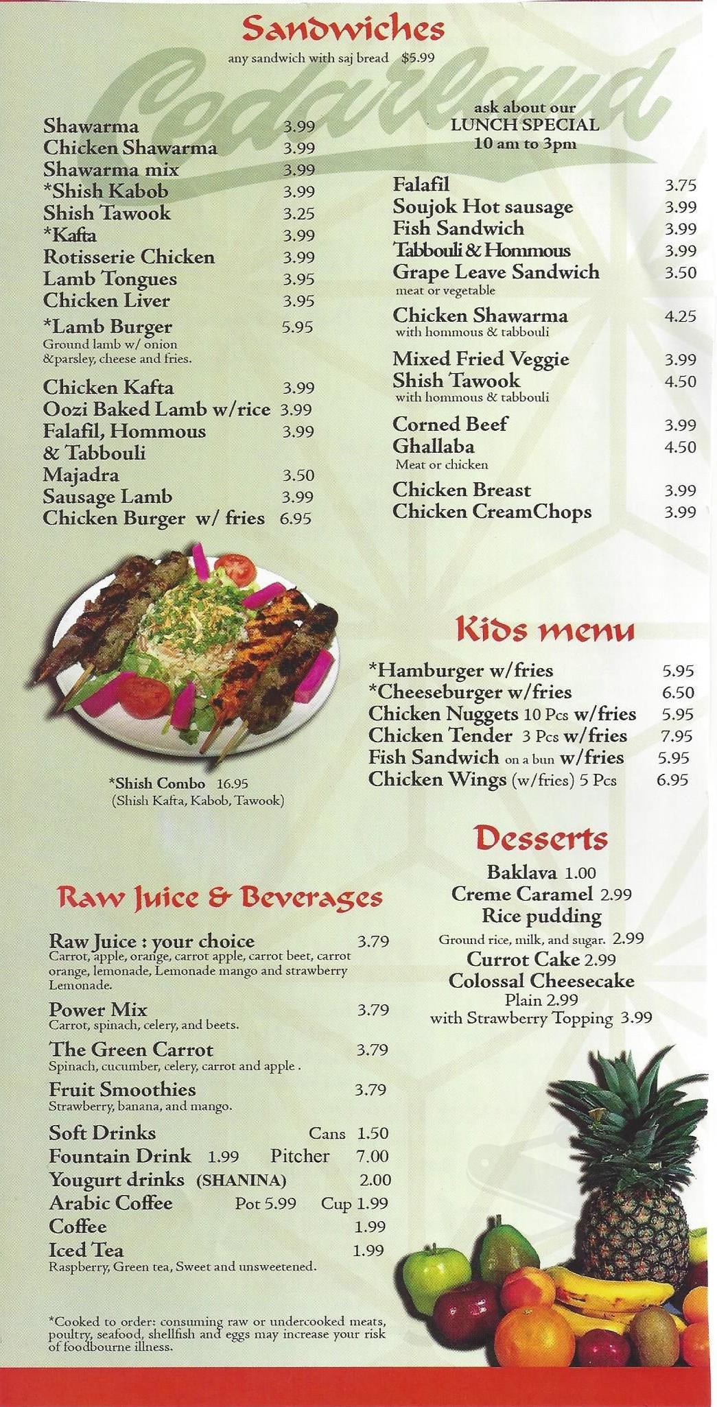 Cedarland Restaurant menu in Dearborn, Michigan, USA
