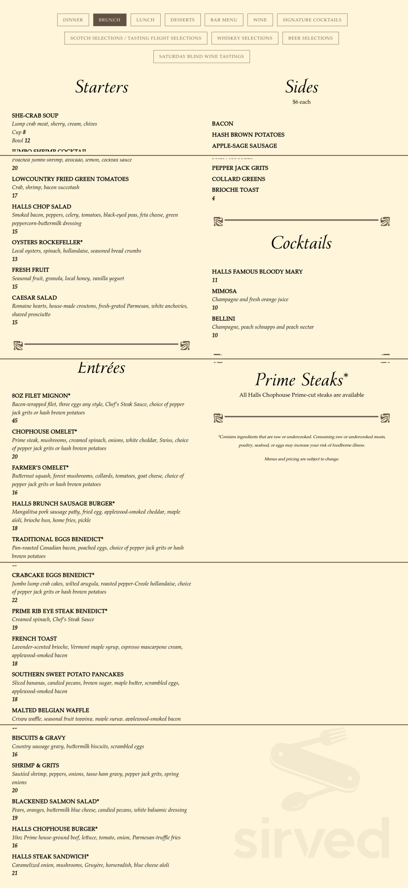 Halls Chophouse Greenville menu in Greenville, South Carolina, USA