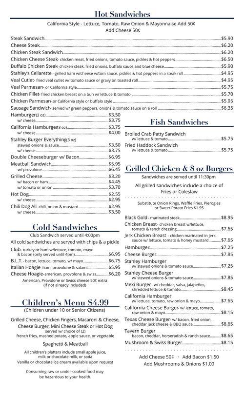 Stahley's Cellarette menu in Allentown, Pennsylvania, USA