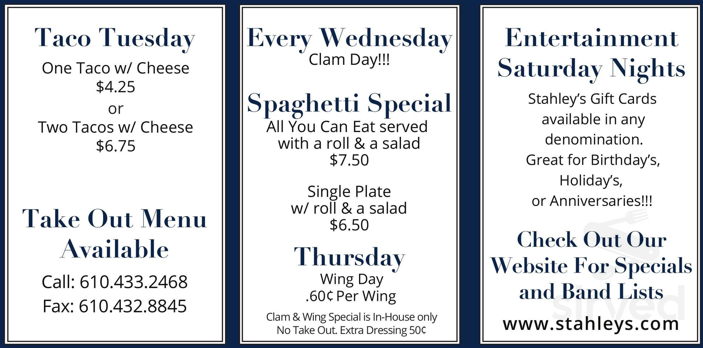 Menu for Stahley's Cellarette in Allentown, PA | Sirved