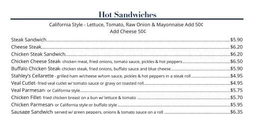 Menu for Stahley's Cellarette in Allentown, PA | Sirved