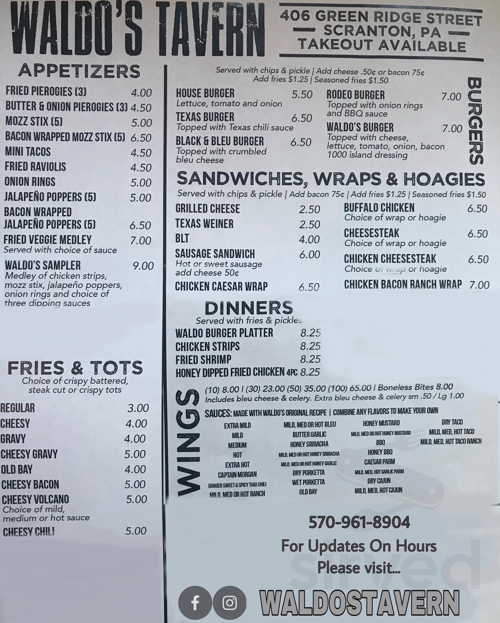 Waldo's Tavern menu in Scranton, Pennsylvania, USA