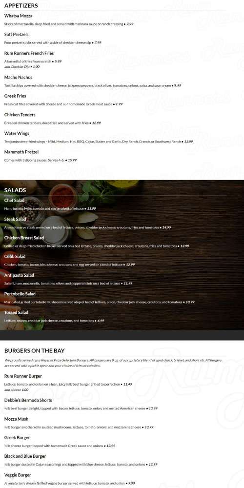 Rum Runners menu in Erie, Pennsylvania, USA