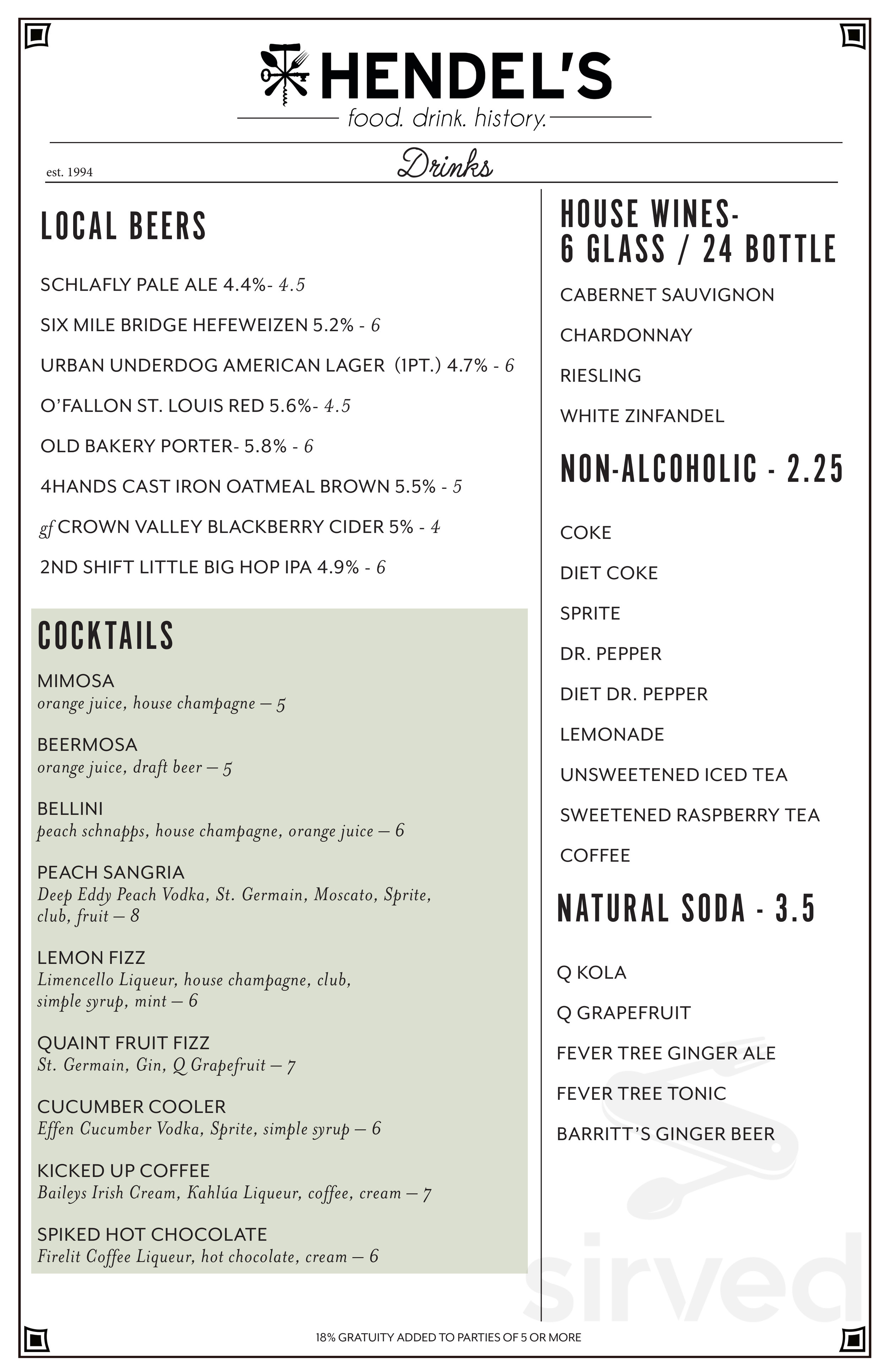 Hendel's menu in Florissant, Missouri, USA