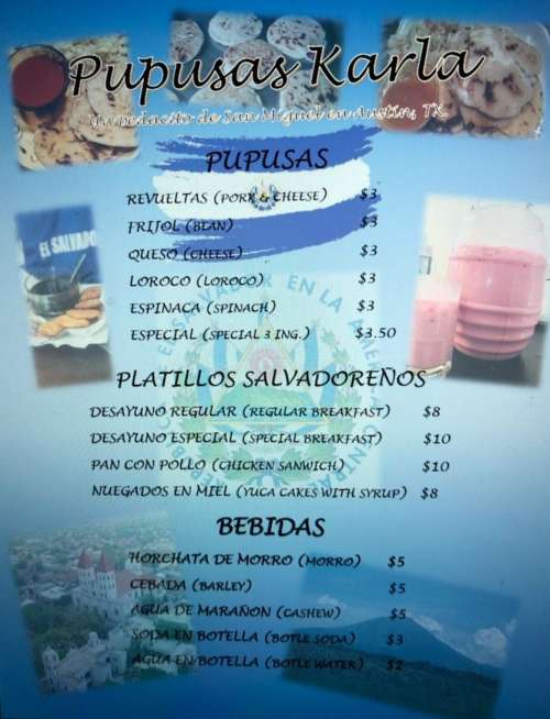 Pupusas Karla menu in Austin, Texas, USA