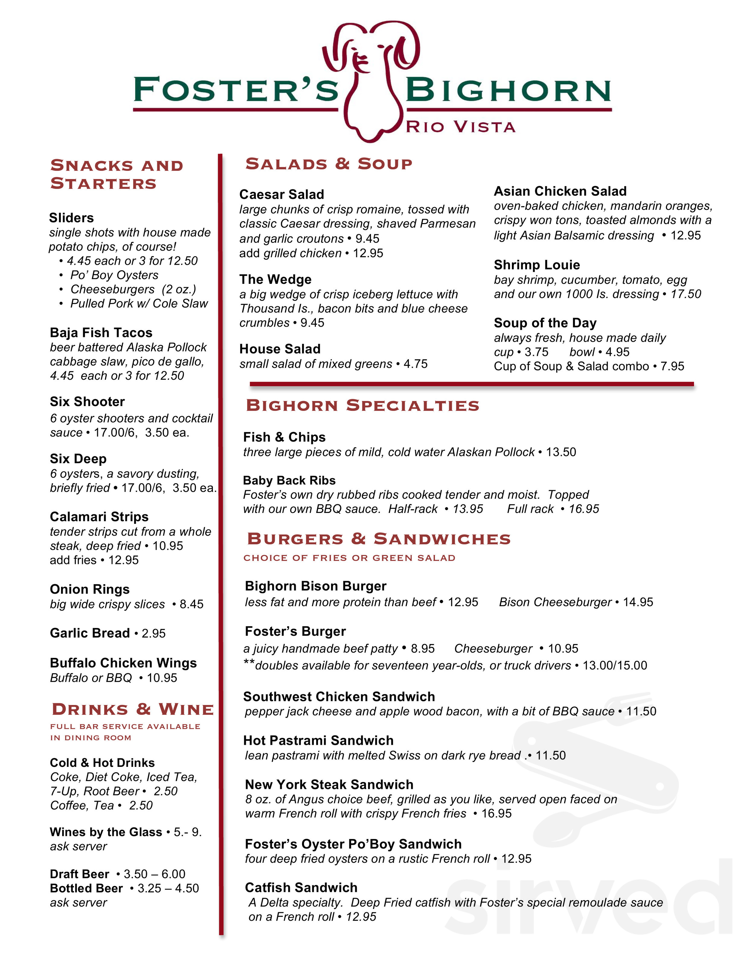 Menu for Foster's Bighorn in Rio Vista, CA | Sirved