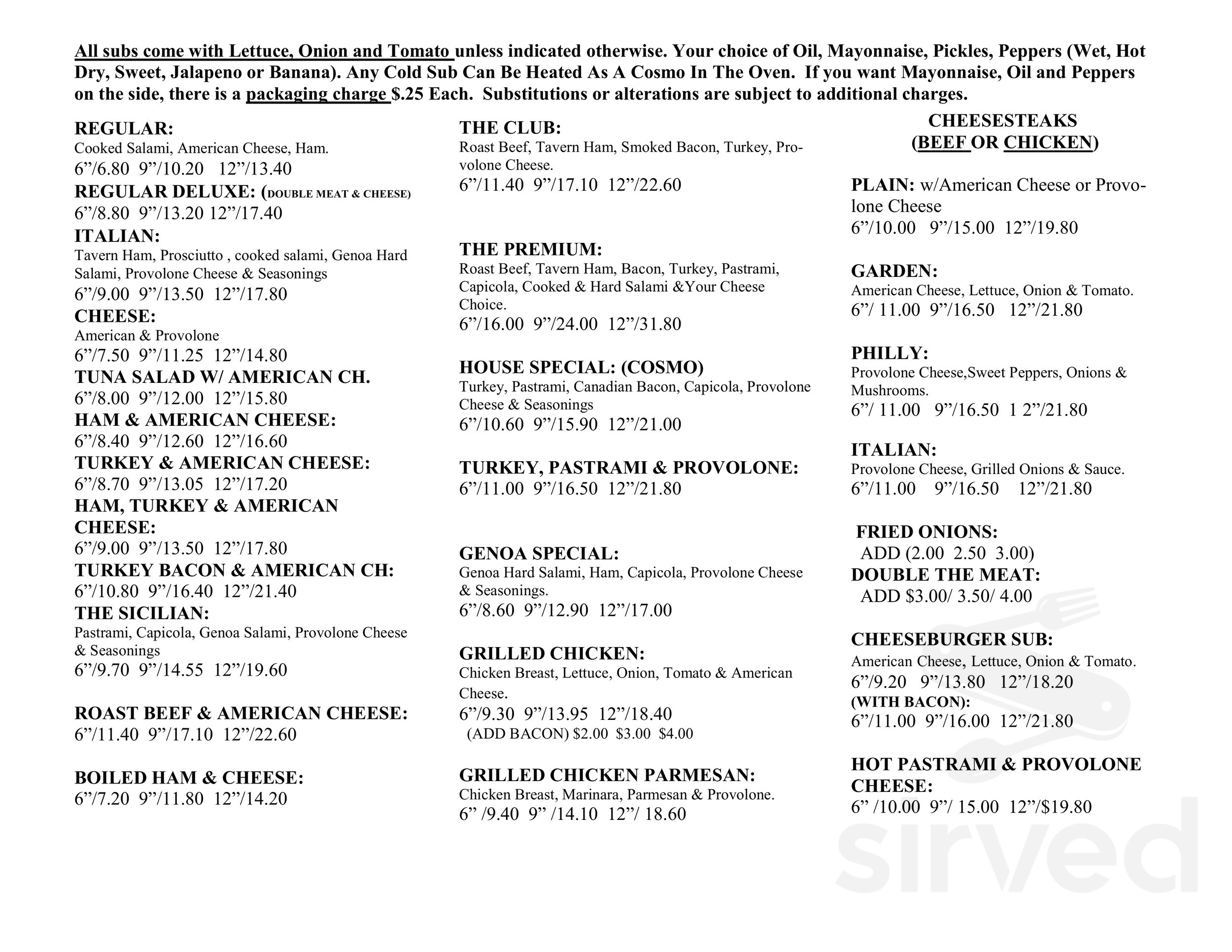 Sublicious menu in Milton, Pennsylvania, USA