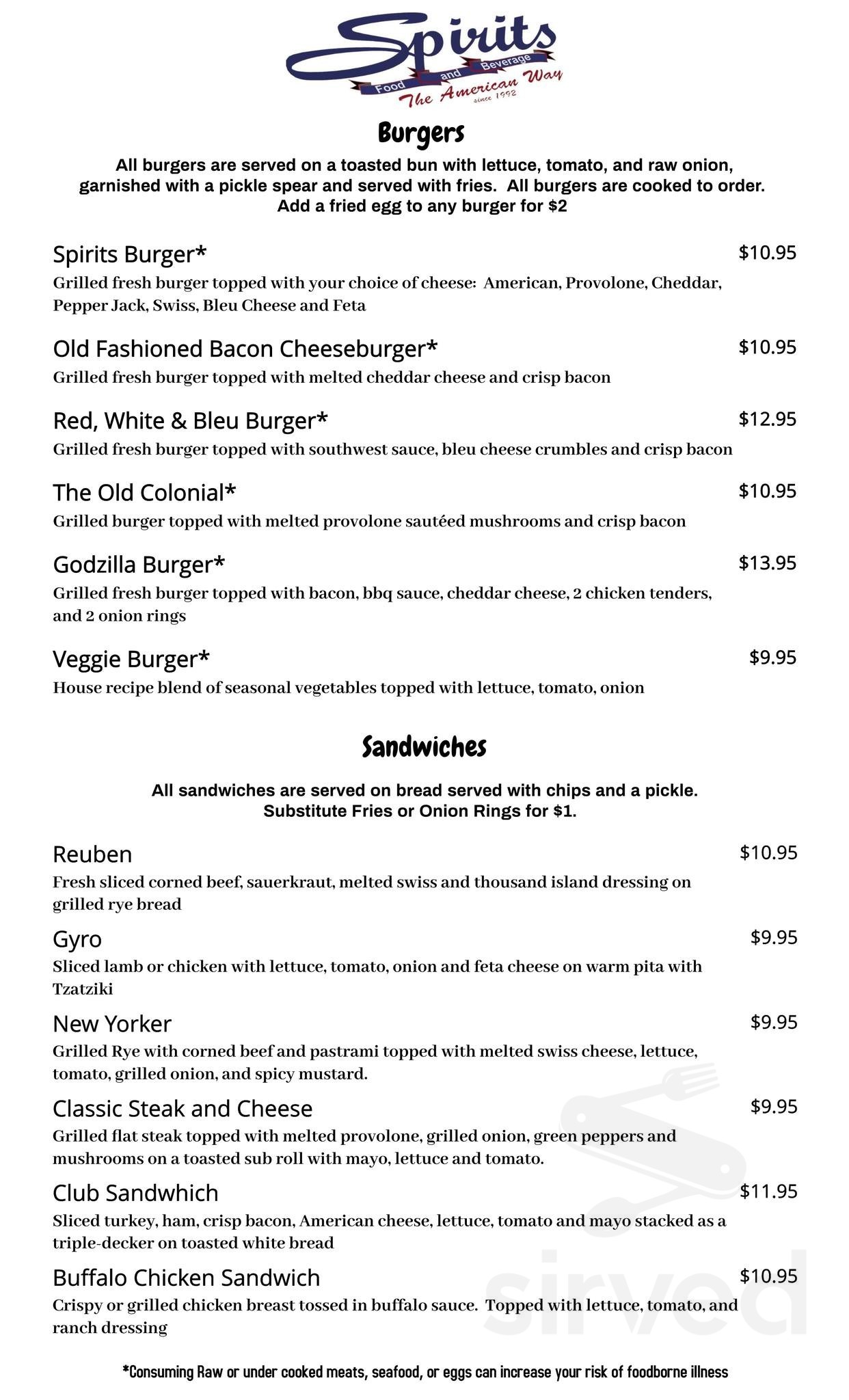 Spirits American Bar & Grill menu in Fredericksburg, Virginia, USA