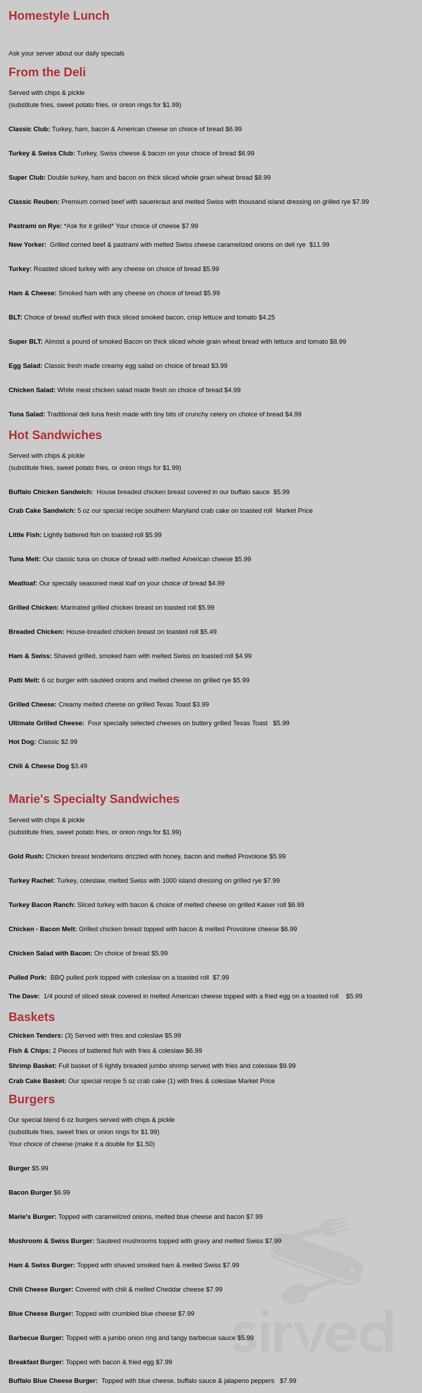 Marie's Diner menu in La Plata, Maryland, USA