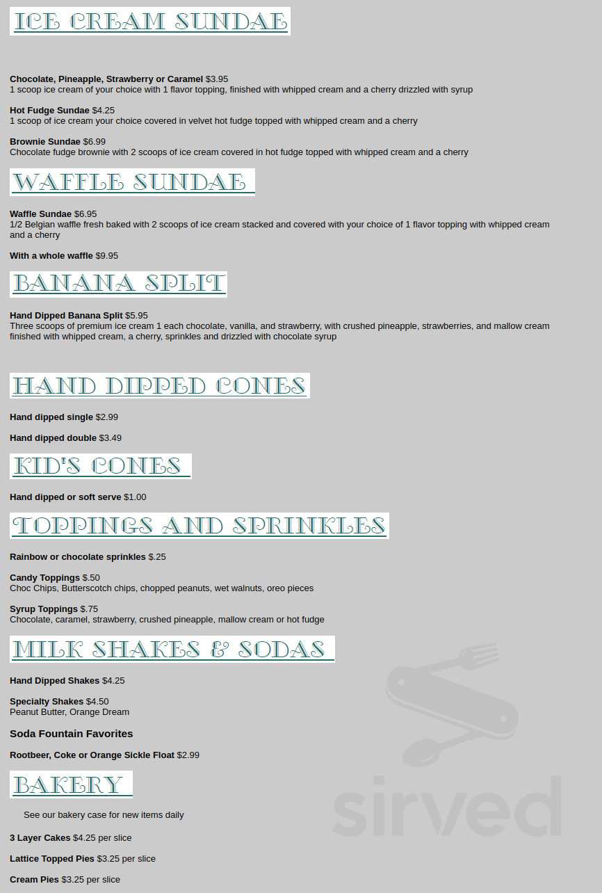 Marie's Diner menu in La Plata, Maryland, USA