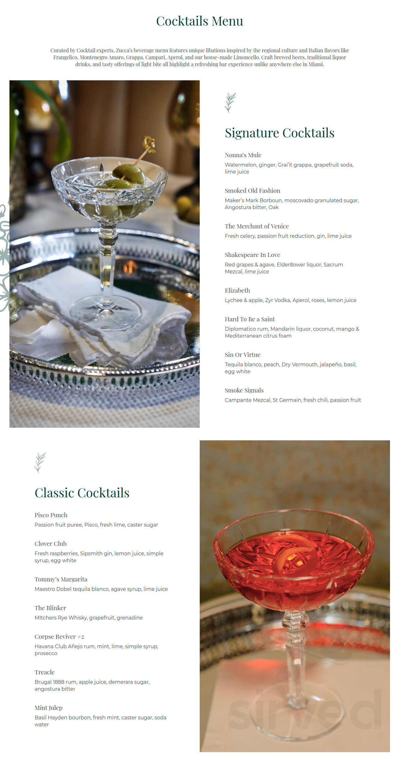 Zucca menu in Coral Gables, Florida, USA