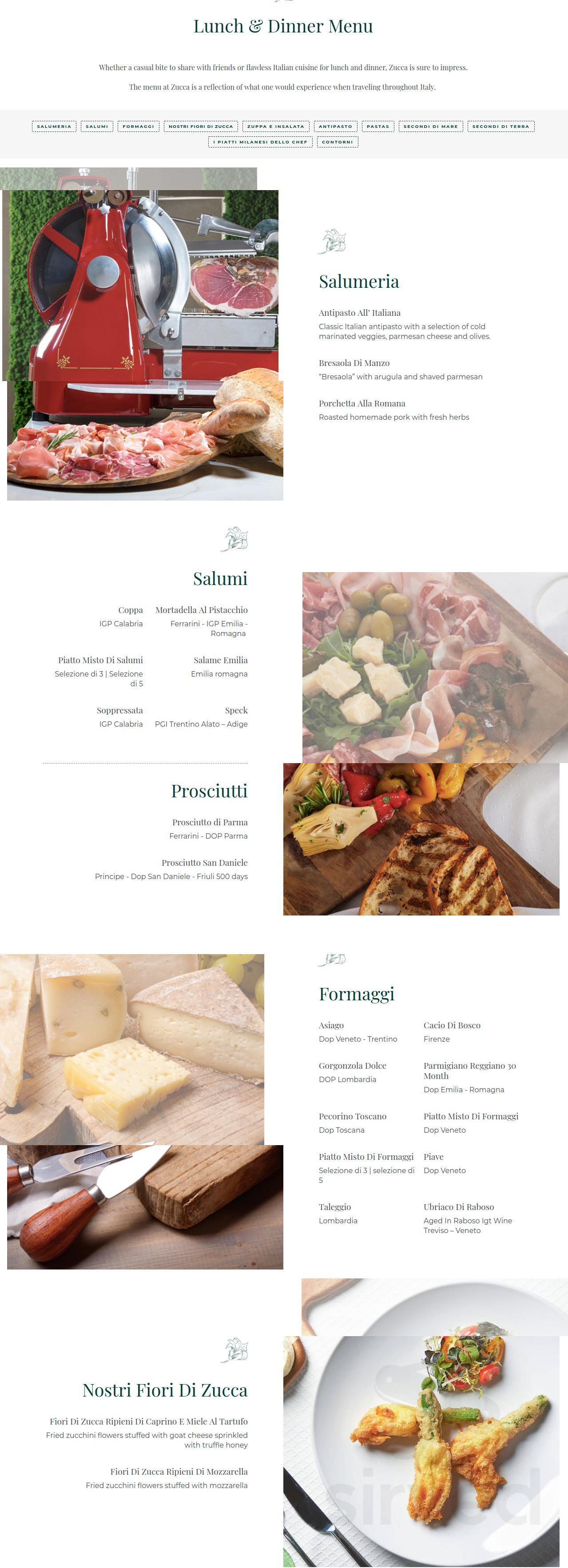 Zucca menu in Coral Gables, Florida, USA