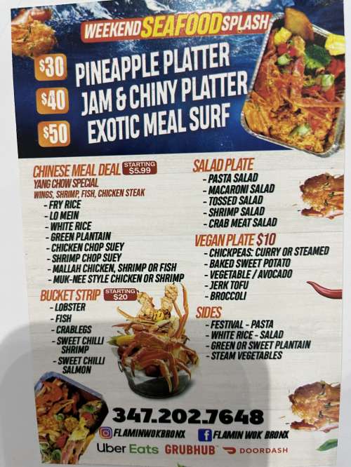 Flamin wok Jamaican Chinese & seafood menu in The Bronx, New York, USA