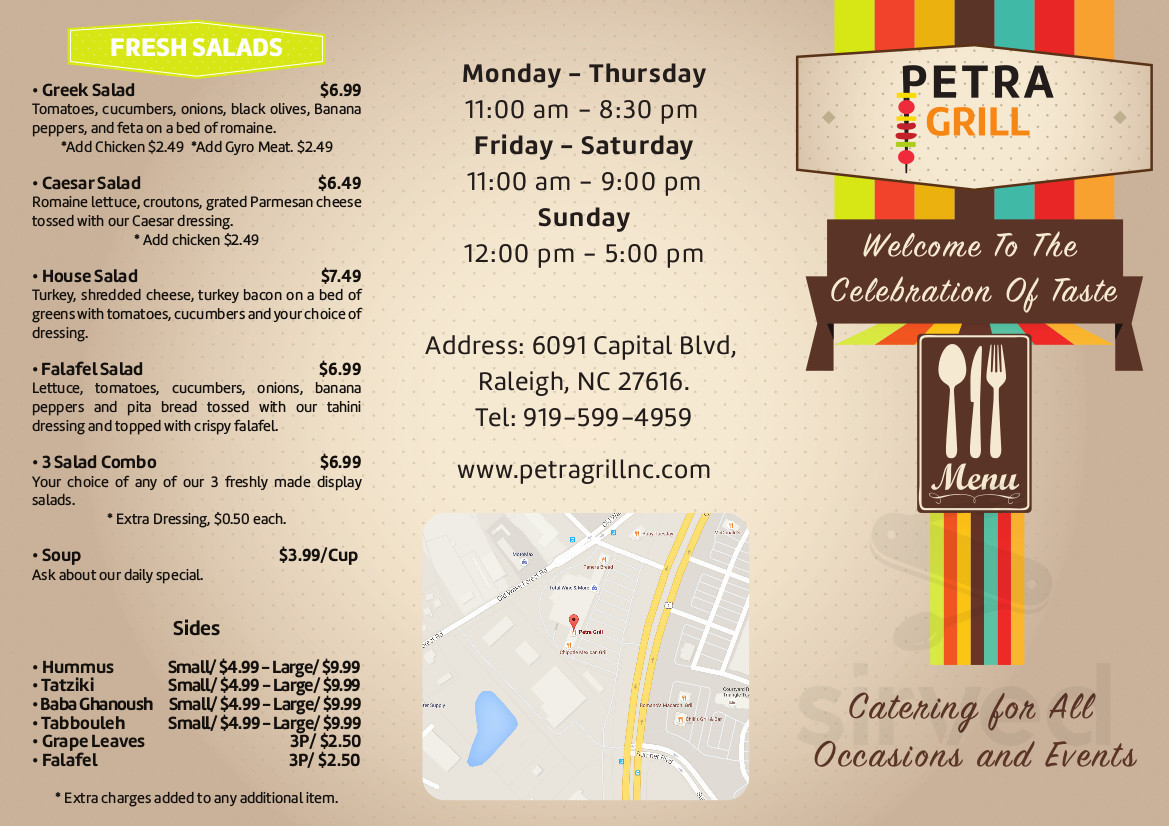 Petra Grill menu in Raleigh, North Carolina, USA