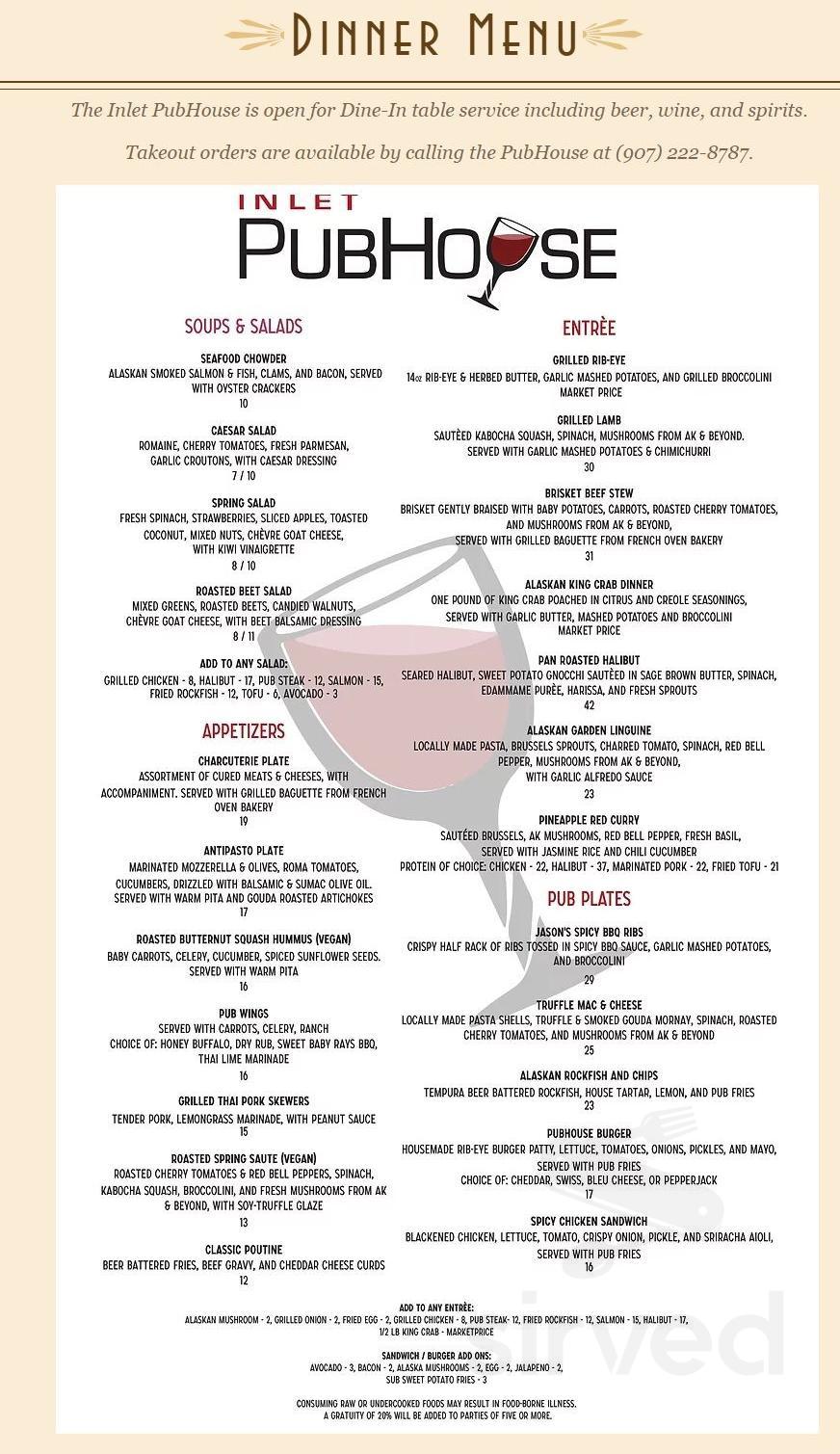 Inlet PubHouse menu in Anchorage, Alaska, USA