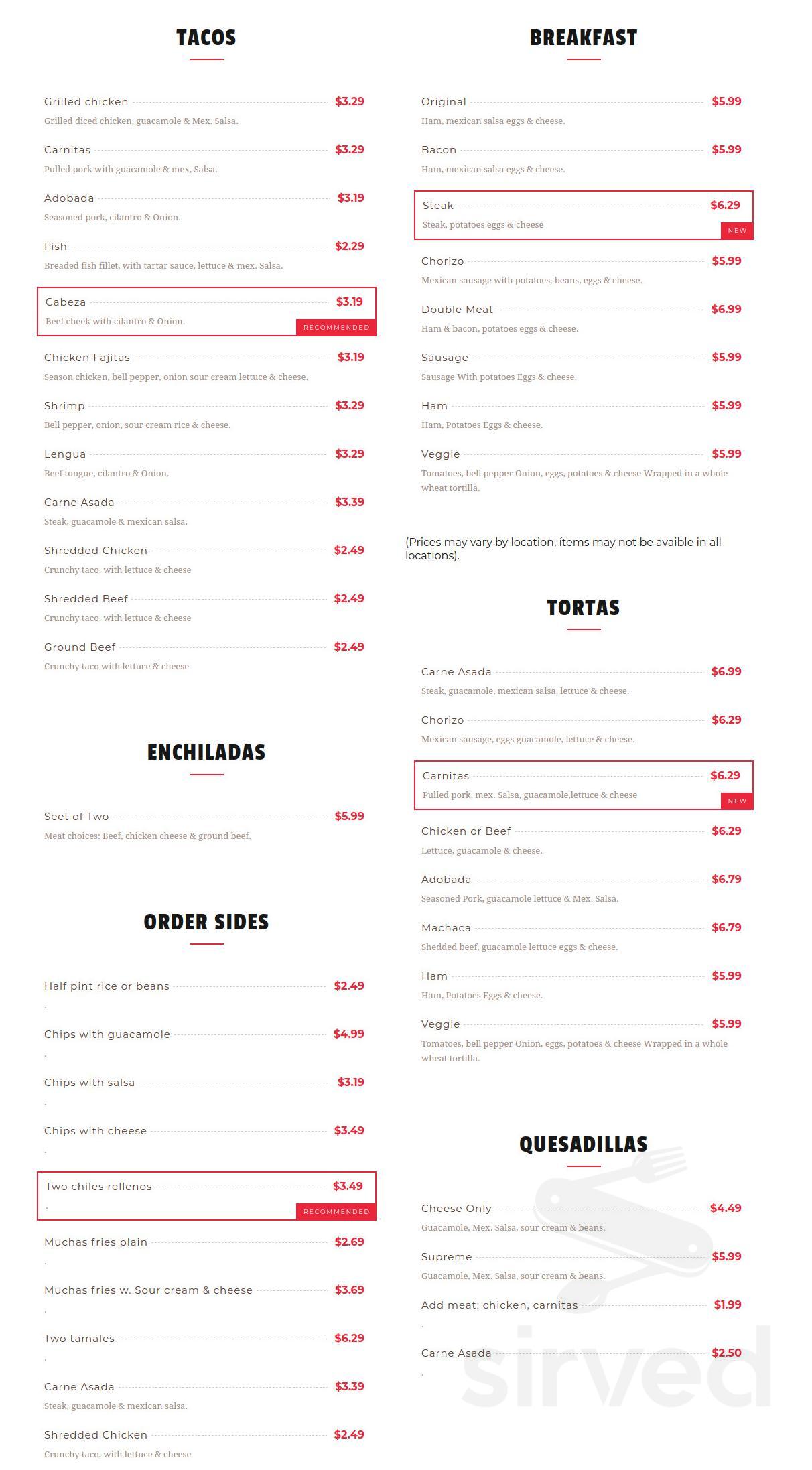 Muchas Gracias Mexican Food menu in Hillsboro, Oregon, USA