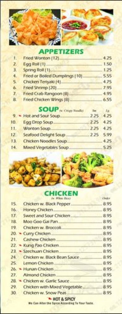 Golden China Buffet menu in Williston, North Dakota, USA