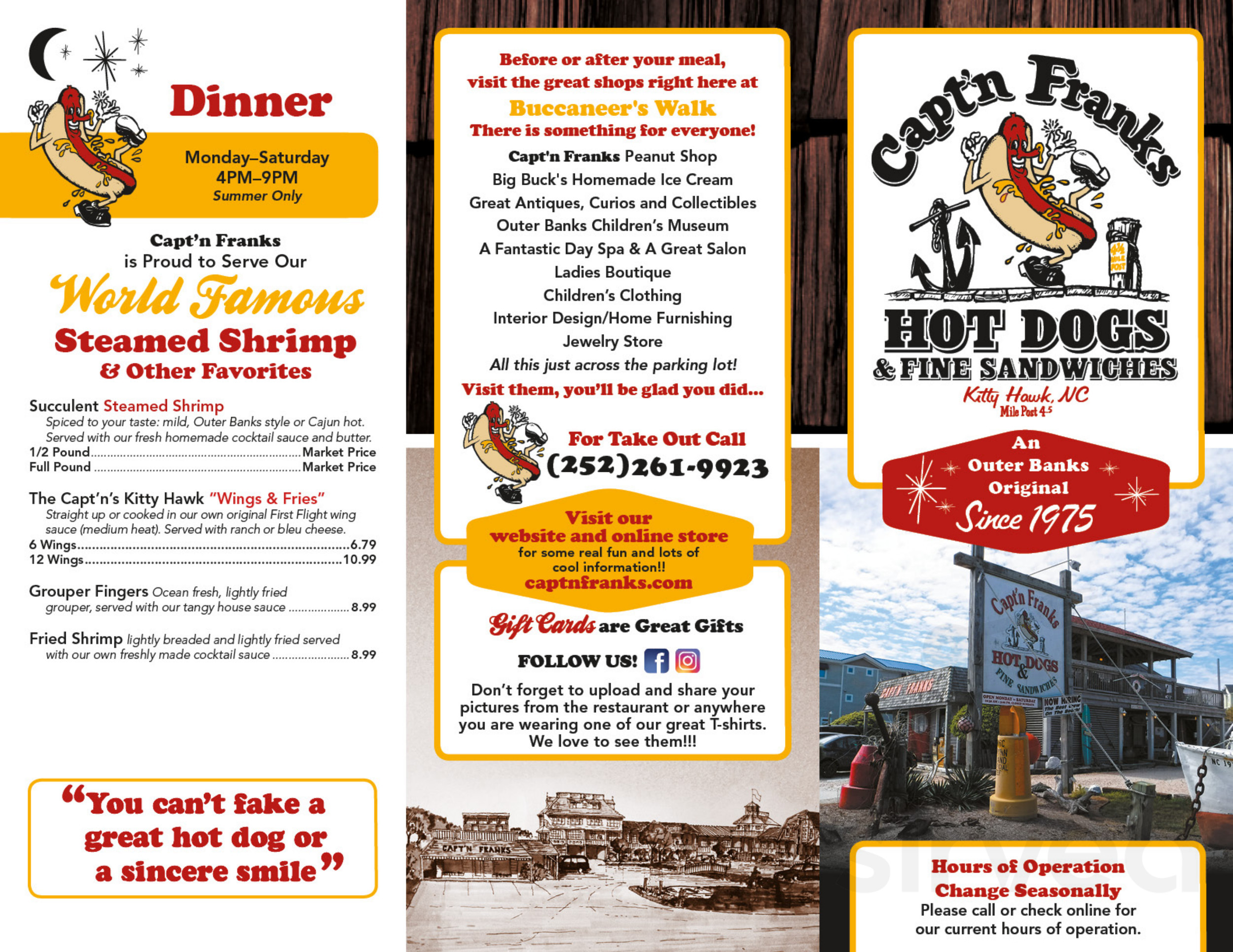 Capt'n Franks menu in Kitty Hawk, North Carolina, USA