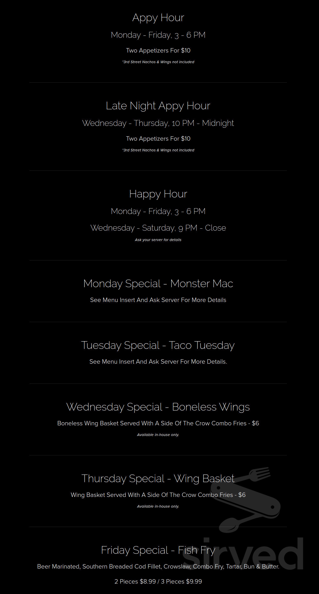 The Crow Menu - La Crosse, Wisconsin | Sirved