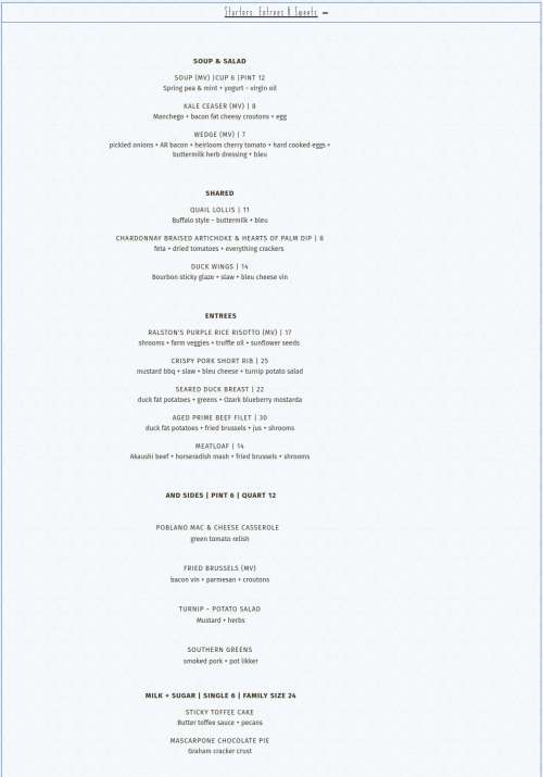 Table 28 menu in Little Rock, Arkansas, USA