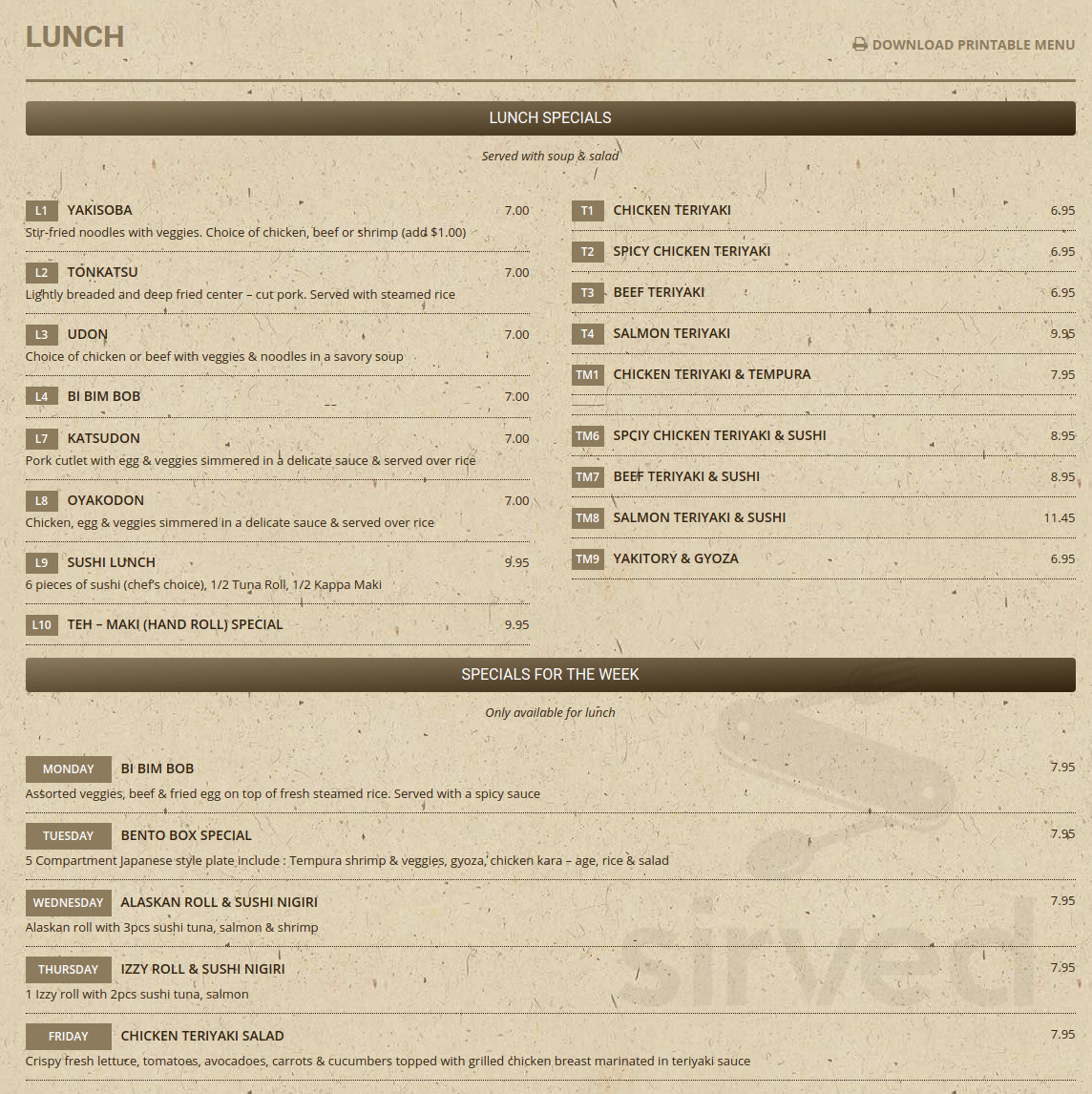 Goro's Sushi menu in San Antonio, Texas, USA