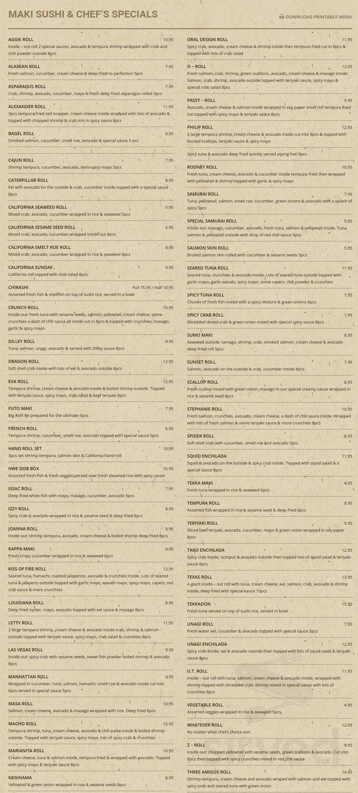 Goro's Sushi menu in San Antonio, Texas, USA