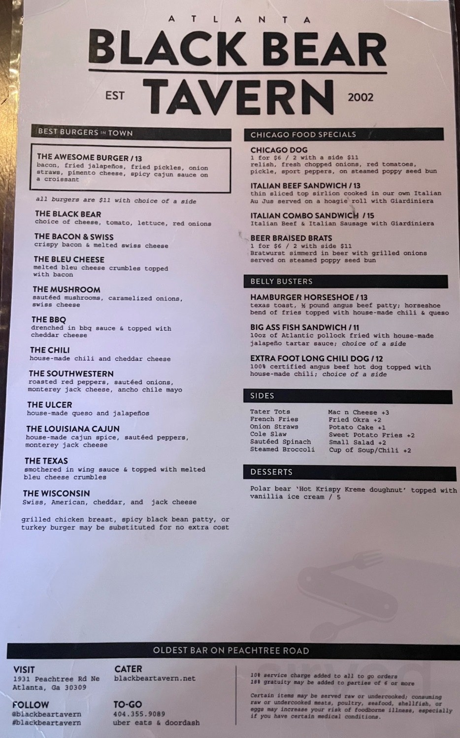 Black Bear Tavern menu in Atlanta, Georgia, USA