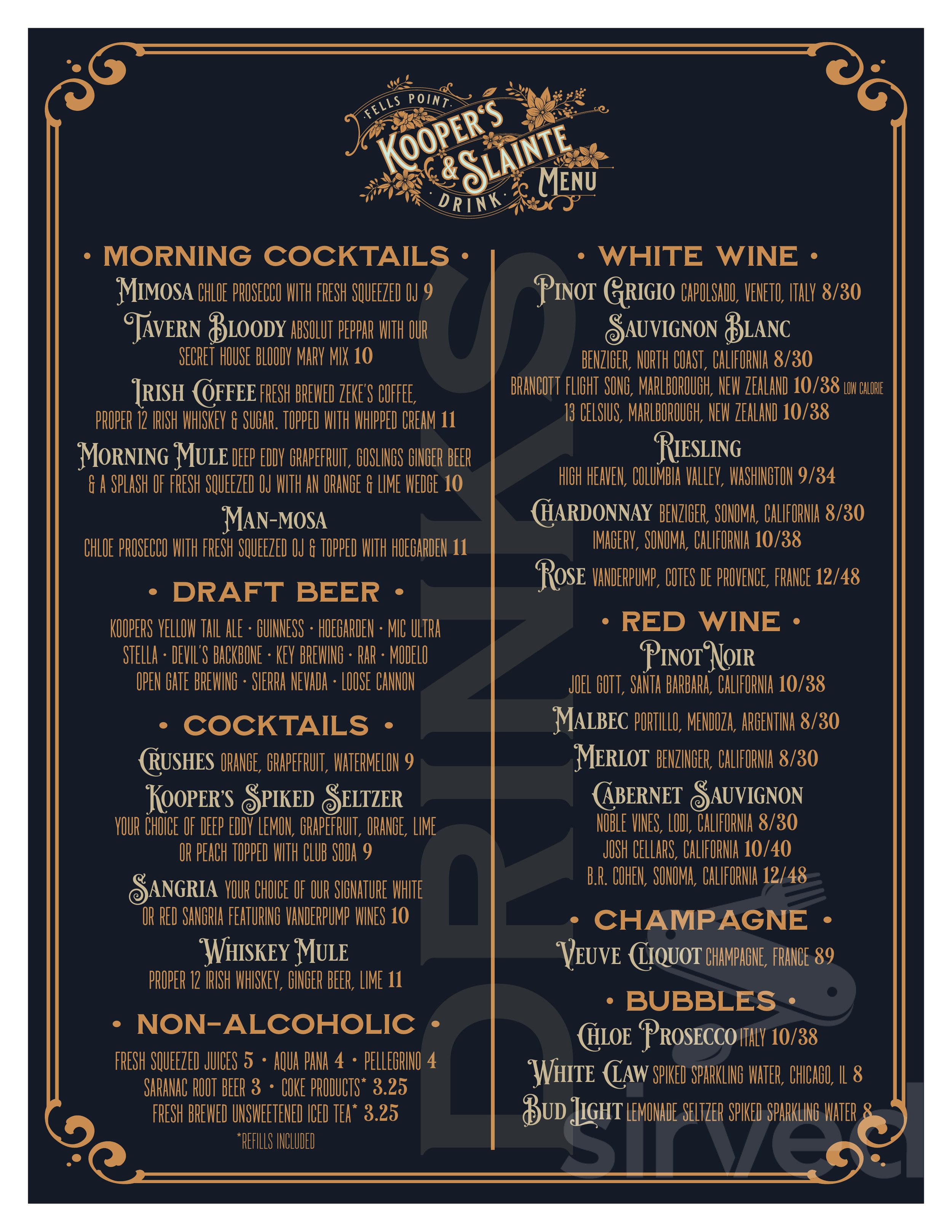 Slainte Irish Pub and Restaurant menu in Baltimore, Maryland, USA