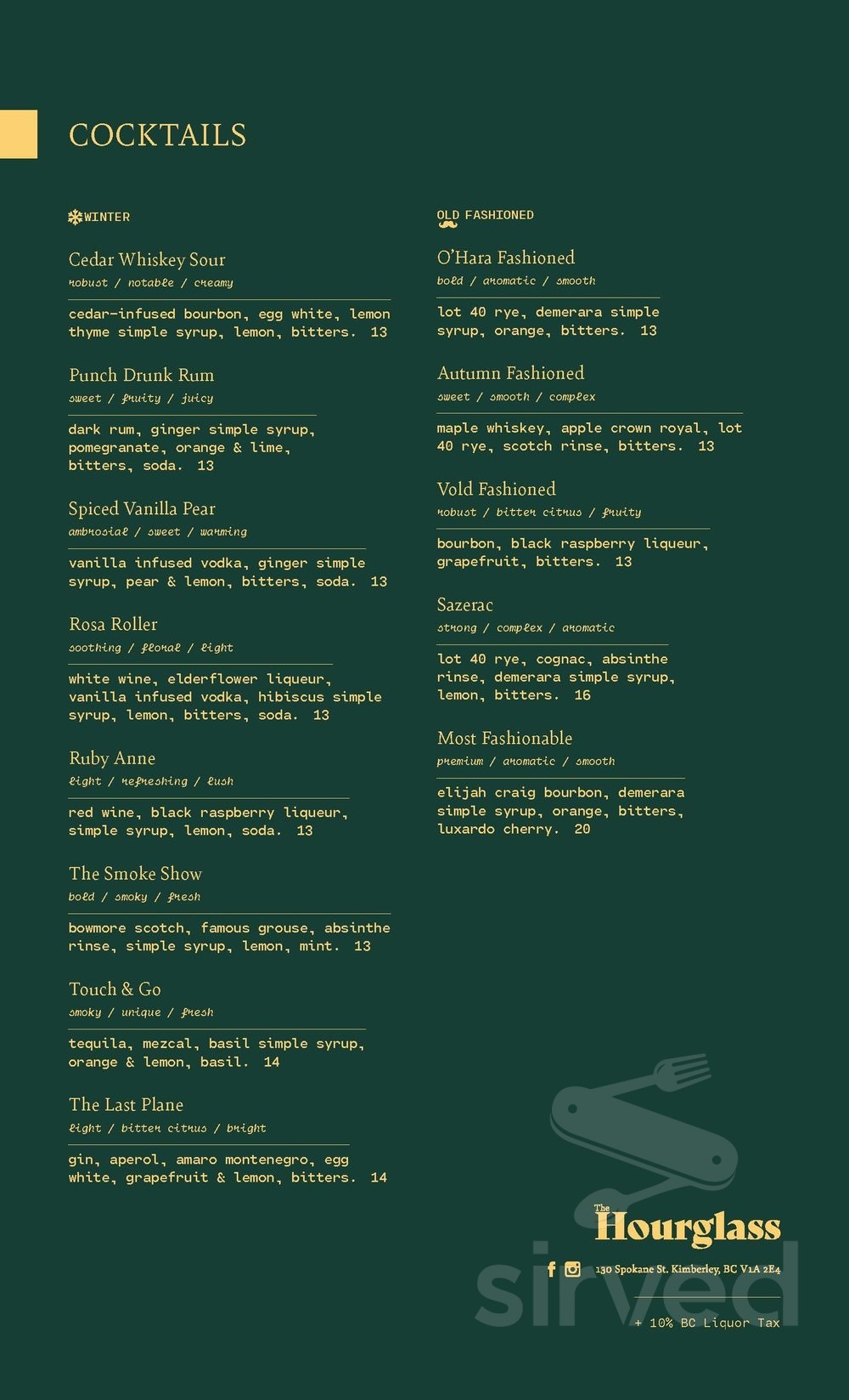 The Hourglass menus in Kimberley, British Columbia, Canada
