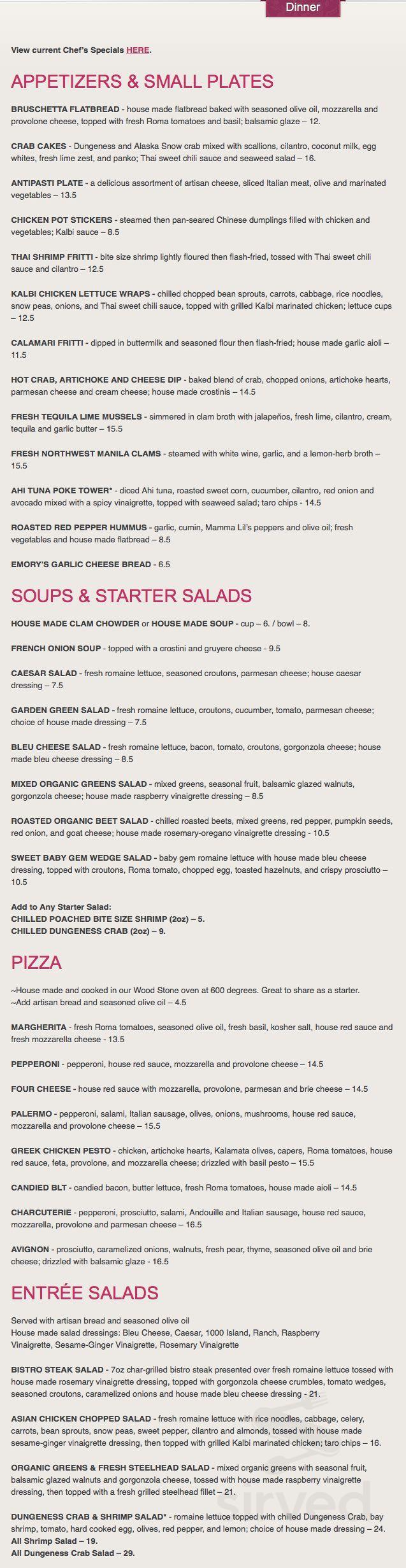 Emory's on Silver Lake menu in Everett, Washington, USA