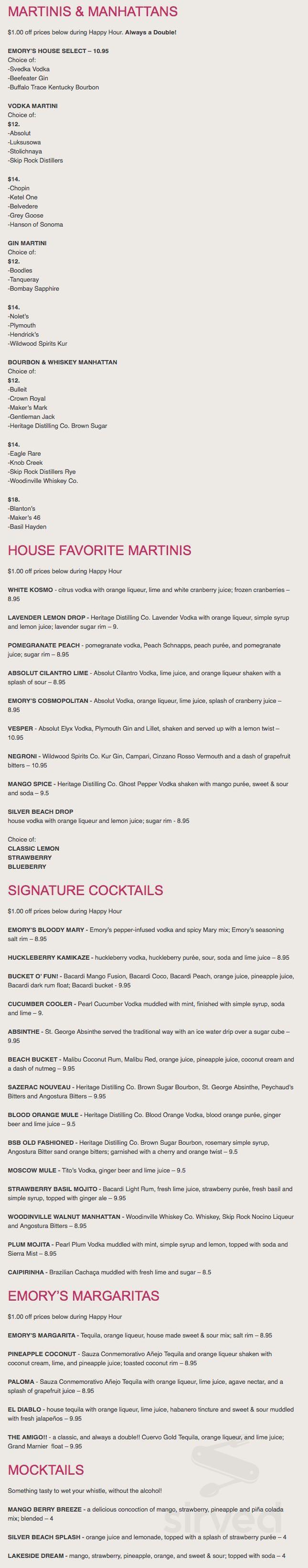 Emory's on Silver Lake menu in Everett, Washington, USA