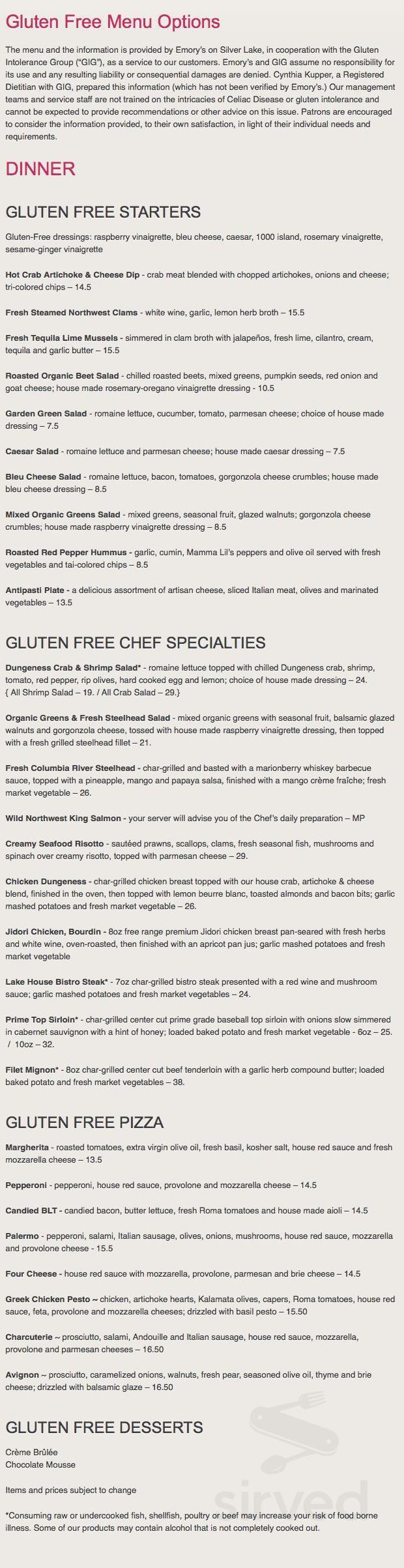 Emory's on Silver Lake menu in Everett, Washington, USA