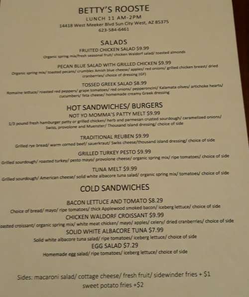 Betty's Rooste menu in Sun City West, Arizona, USA